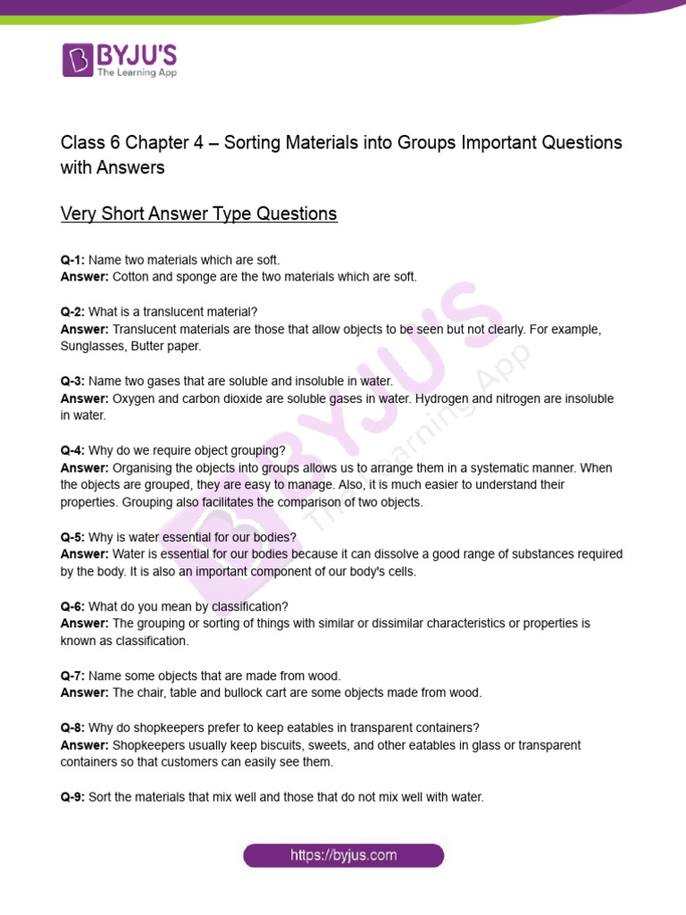 Class 6 Chapter 4 - Sorting Materials Into Groups Important Questions With Answers | PDF | Water ...