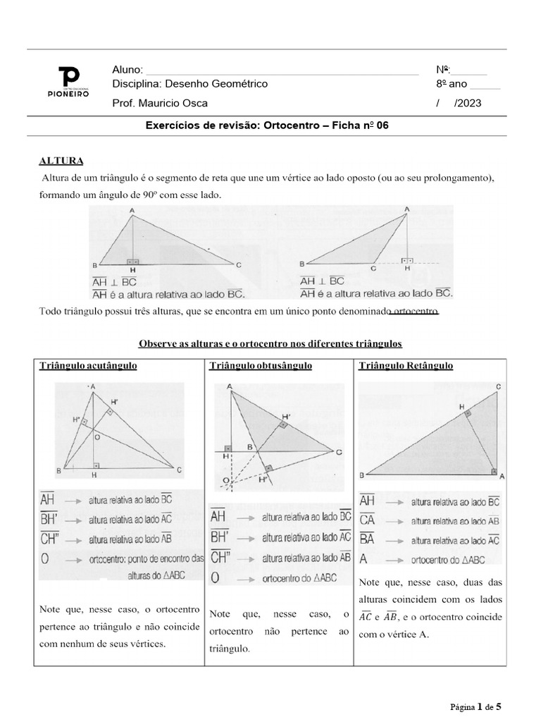 Ficha 06 - ExercÃ Cios de Revisã o - Ortocentro | PDF | Triângulo | Matemática elementar