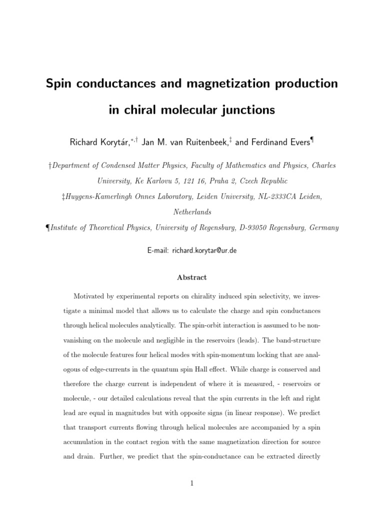 Spin Conductances and Magnetization Production in Chiral Molecular Junctions | PDF | Spin ...