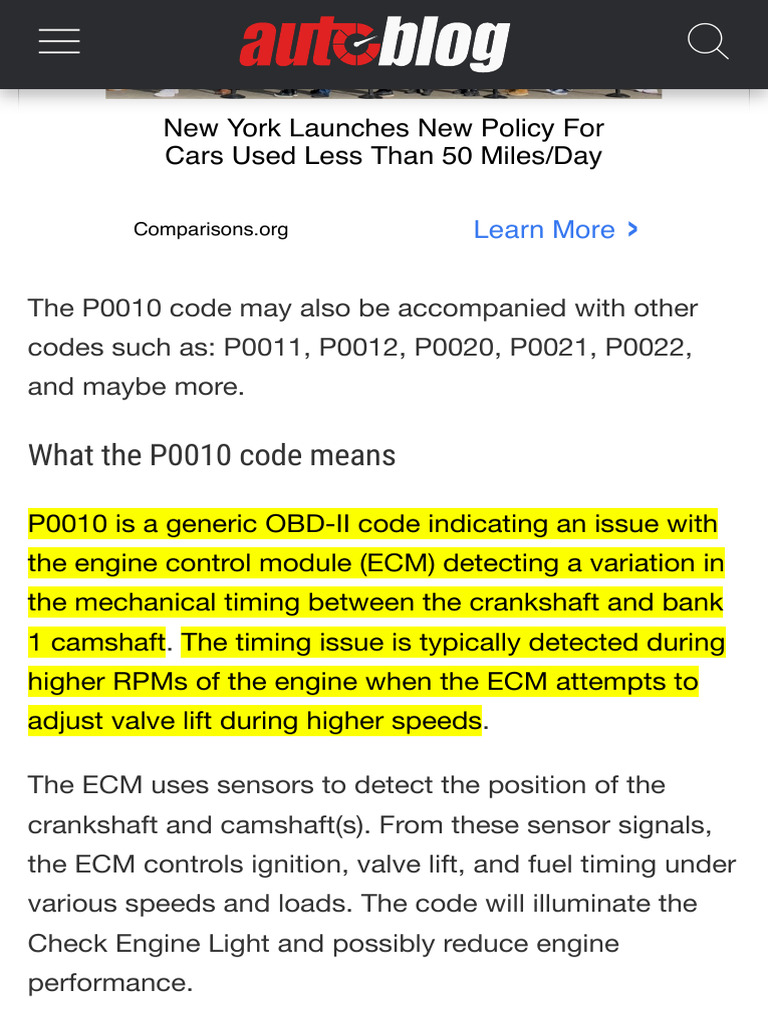 P0010 OBD-II Trouble Code a Camshaft Position Actuator Circuit (Bank 1 ...