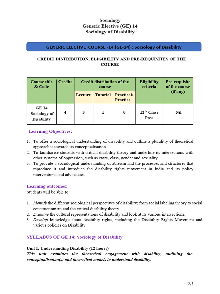 Sociology of Disability Course Syllabus | PDF | Disability | Sociology
