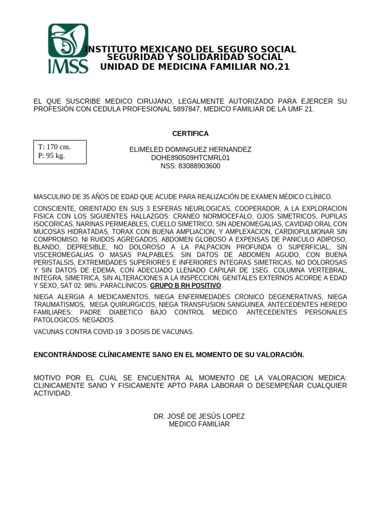 Certificado Medico Imss | PDF