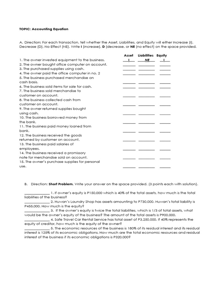 FABM 1 Acctg-Equation Activity | PDF | Equity (Finance) | Banks