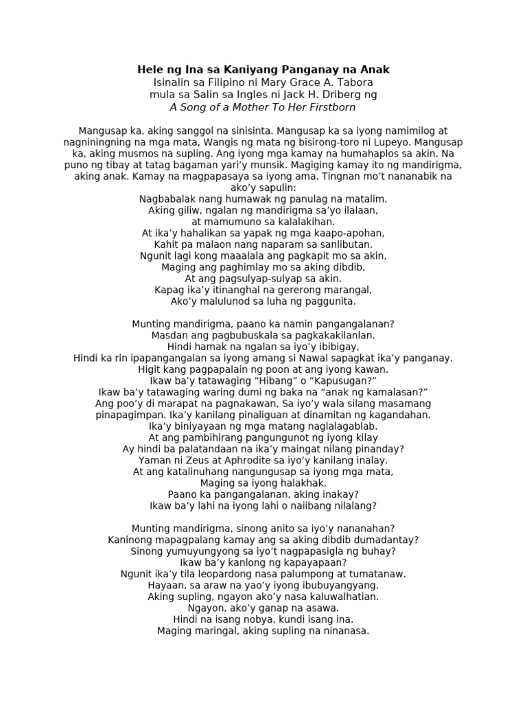 Hele ng Ina sa Kaniyang Panganay na Anak | PDF