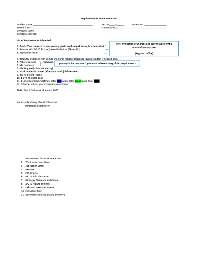 Work Immersion Requirements Checklist | PDF
