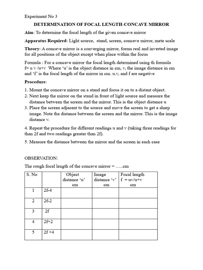 Focal Length Determination of Concave Mirror | PDF