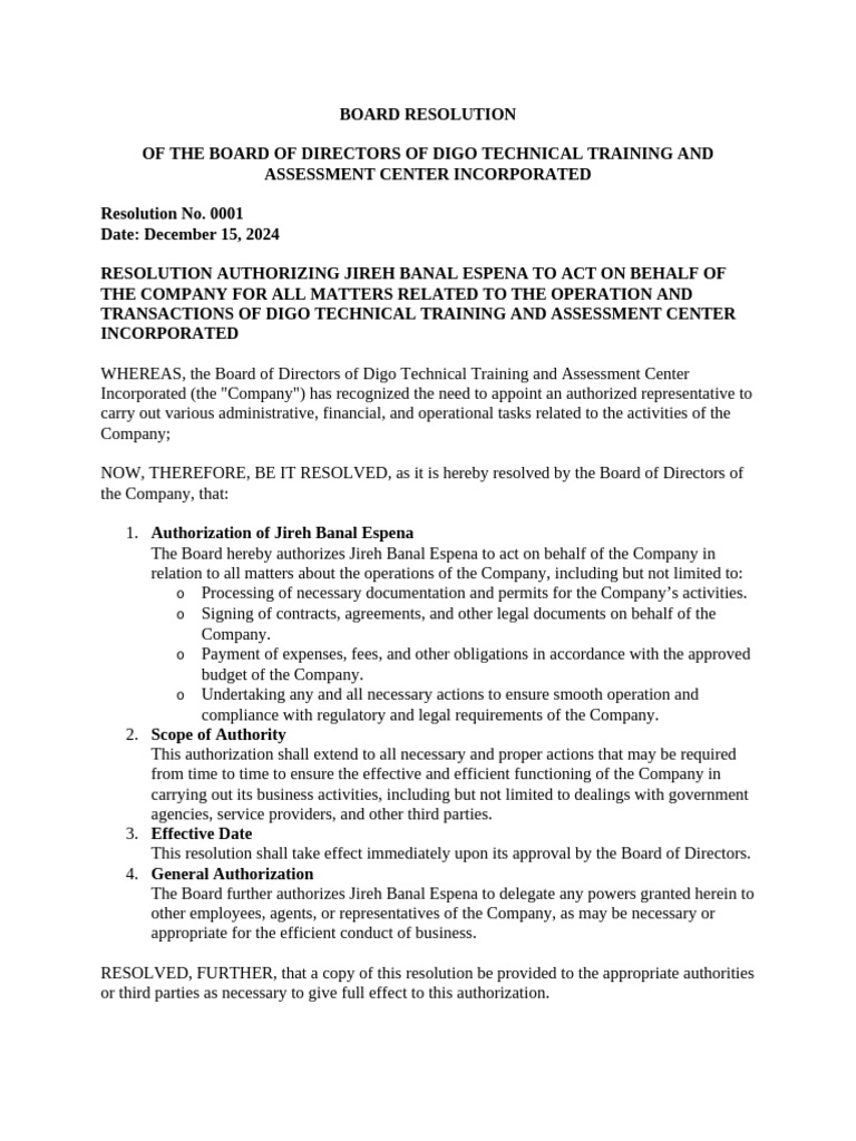 001-BOARD RESOLUTION (Authorized Representative) | PDF | Board Of ...