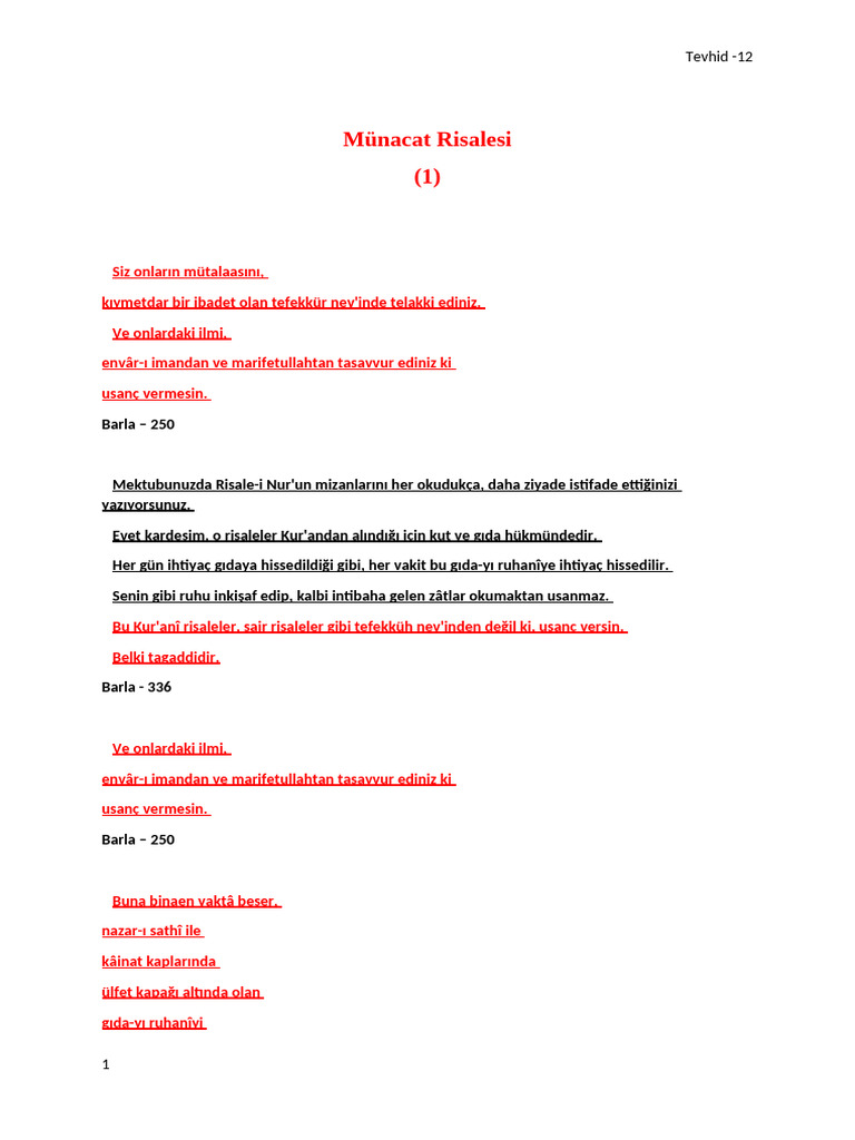 Tevhid-12, (Münacat Risalesi - 1) | PDF