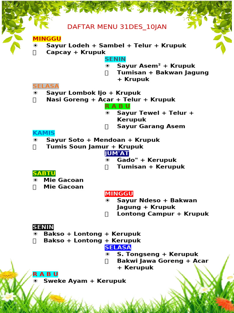Daftar Menu 31des | PDF