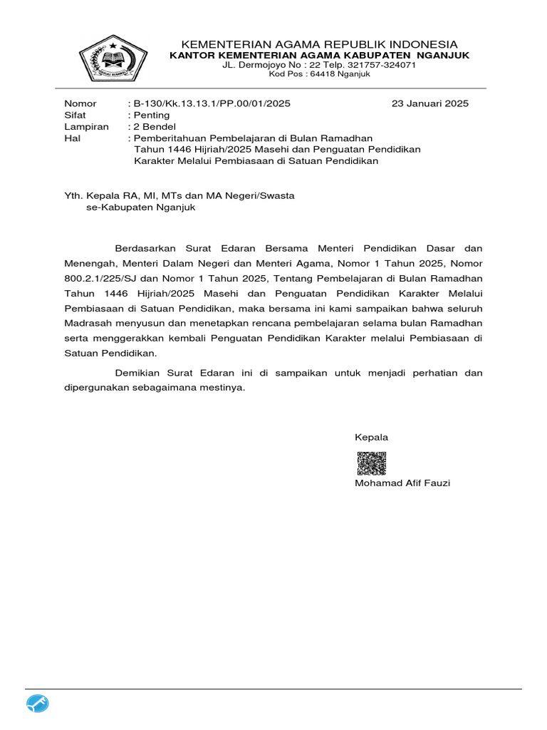 Edaran Pembelajaran di Bulan Ramadhan 2025 dan Pendidikan Karakter_tte_full | PDF