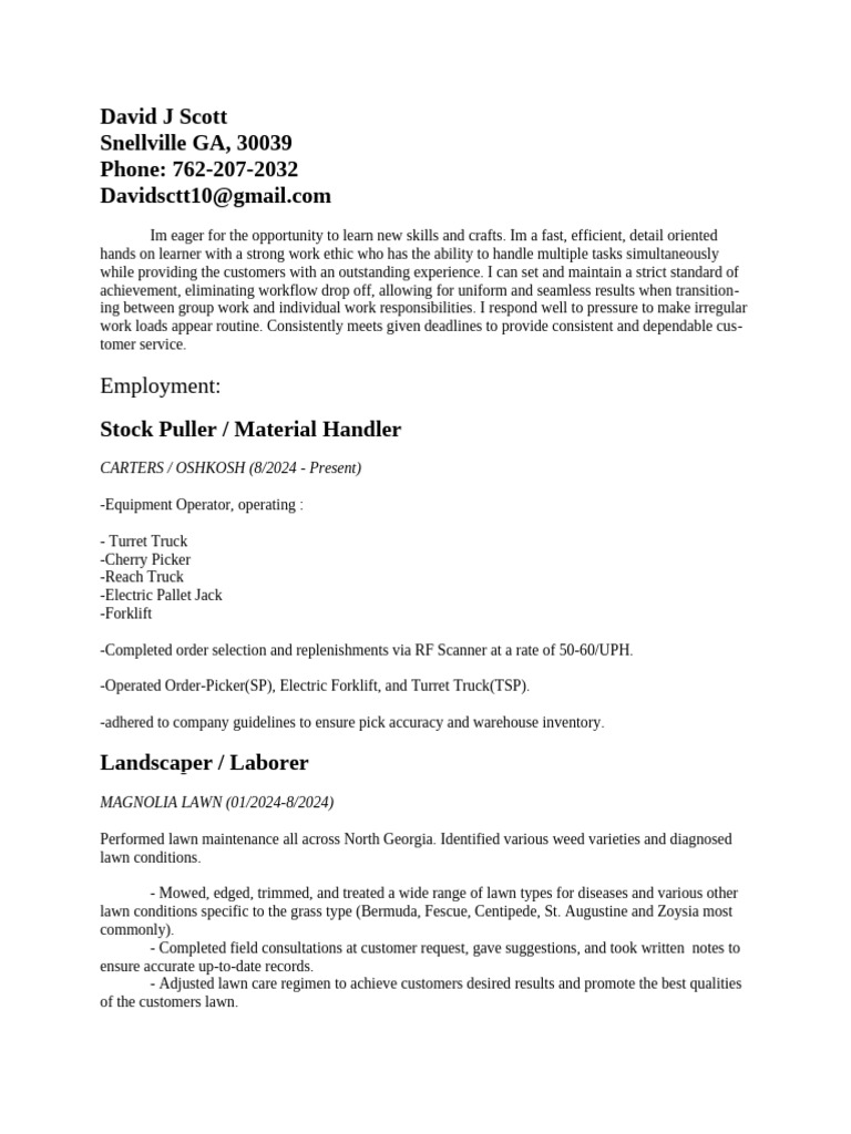 David J. Scott: Versatile Job Experience | PDF | Lawn | Forklift