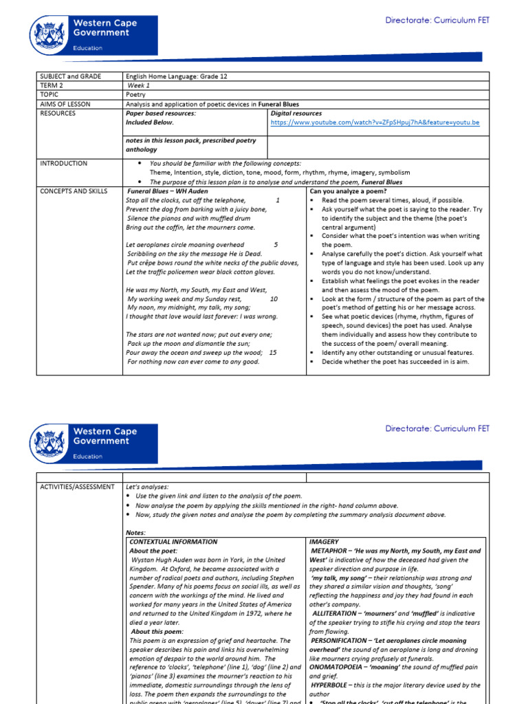 English HL Poetry Grade 12 Term 2 Week 1 - 2020 | PDF | Poetry | Grief