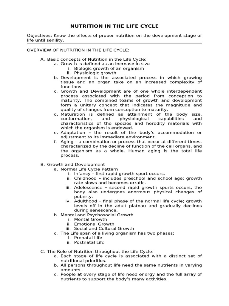 NUTRITION IN THE LIFE CYCLE and Diet Therapy | PDF | Nutrition | Diet ...