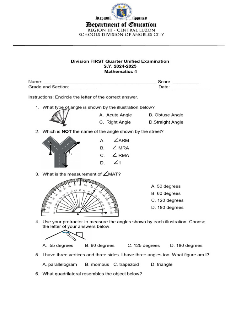 First Quarter Exam Math 4 40 Items Final Wok | PDF | Rectangle | Euclid