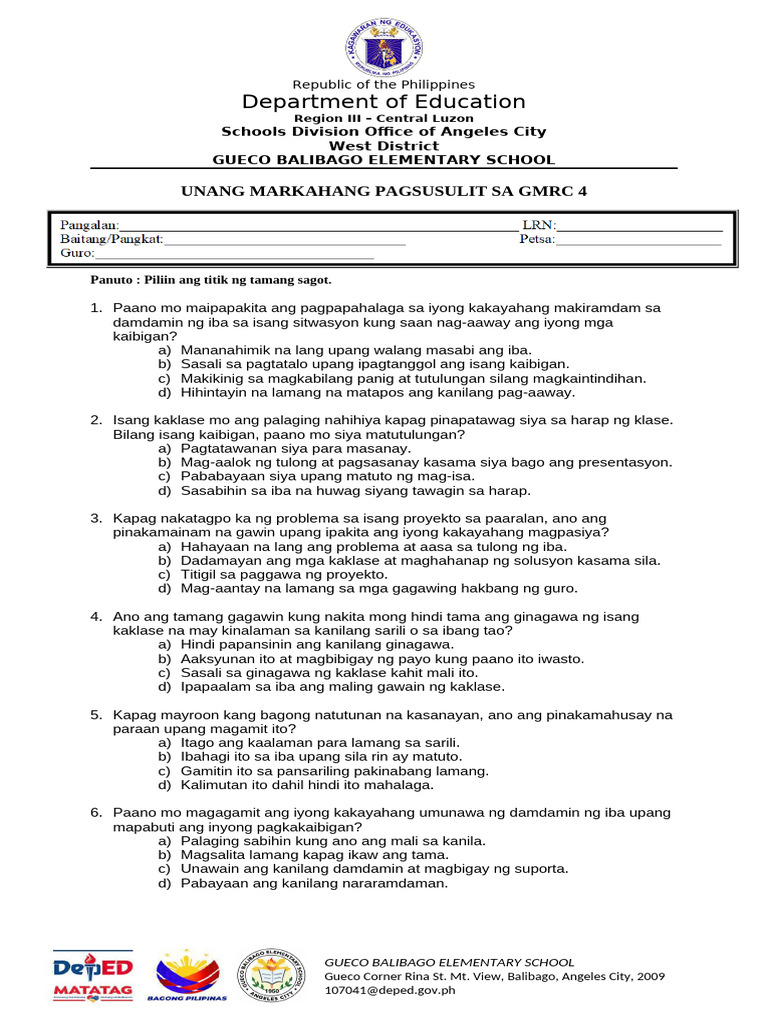GMRC Test Paper 1st Quarter | PDF