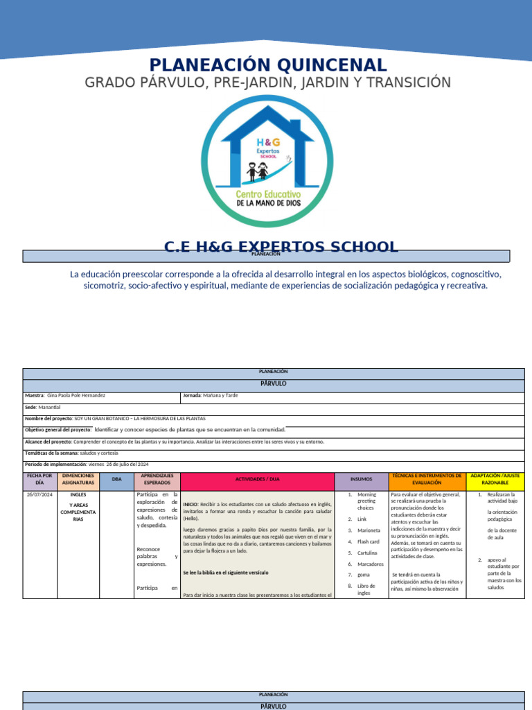 Planeacion de Ingles Gina Dia 26 de Julio 2024 | PDF | Educación de la ...