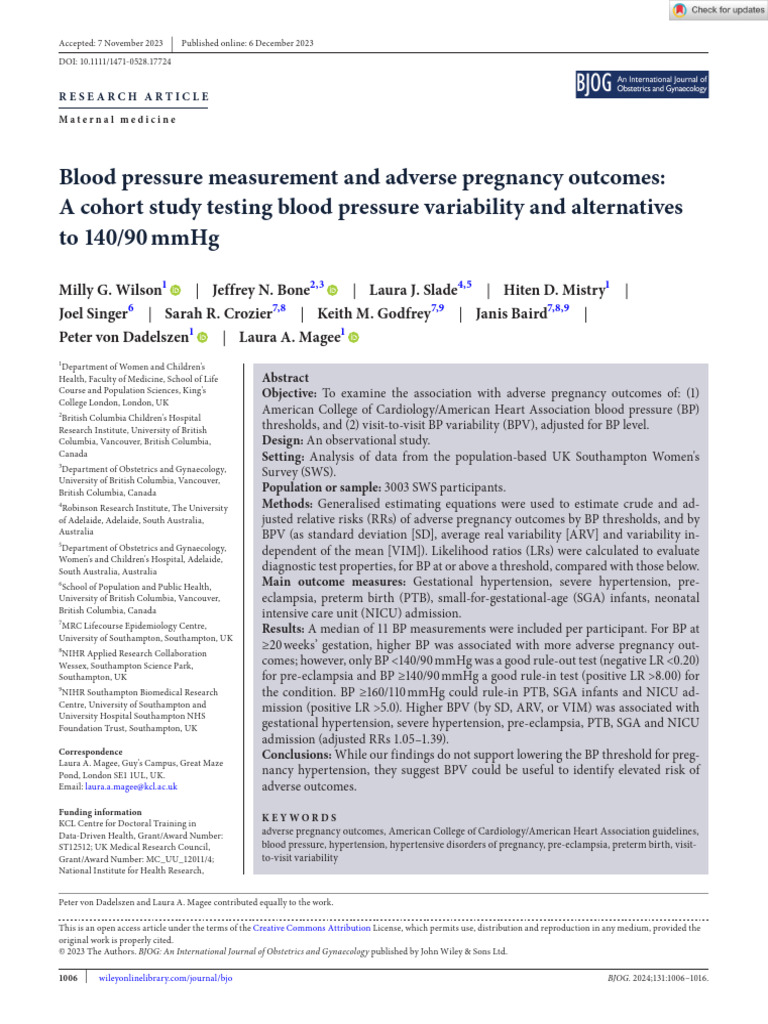 BJOG - 2023 - Wilson - Blood Pressure Measurement and Adverse Pregnancy ...