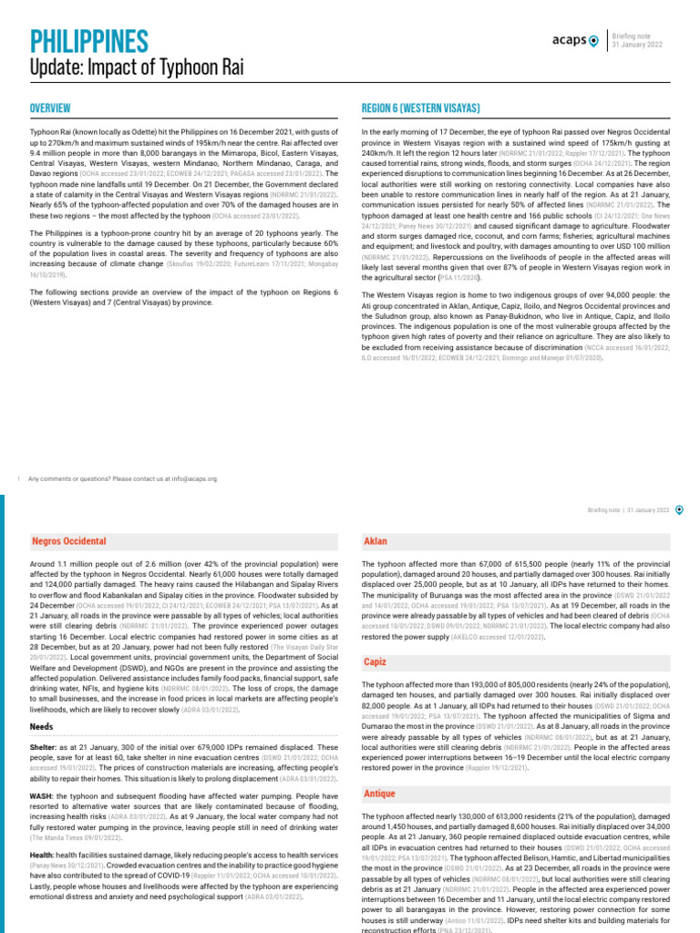 Acaps Briefing Note Philippines Typhoon Rai Update | PDF | Synoptic ...