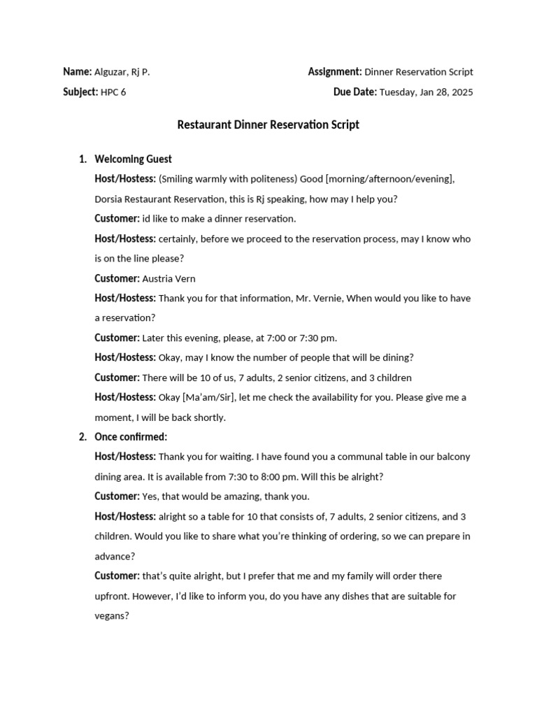 Dinner Reservation Script Updated | PDF | Cuisine