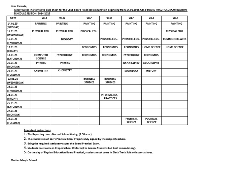 CBSE Board - Practical - Date - Sheet - XII 2024-25-1 | PDF