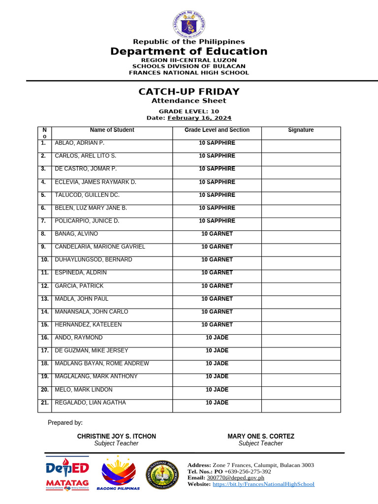 Catch Up Friday Attendance | PDF