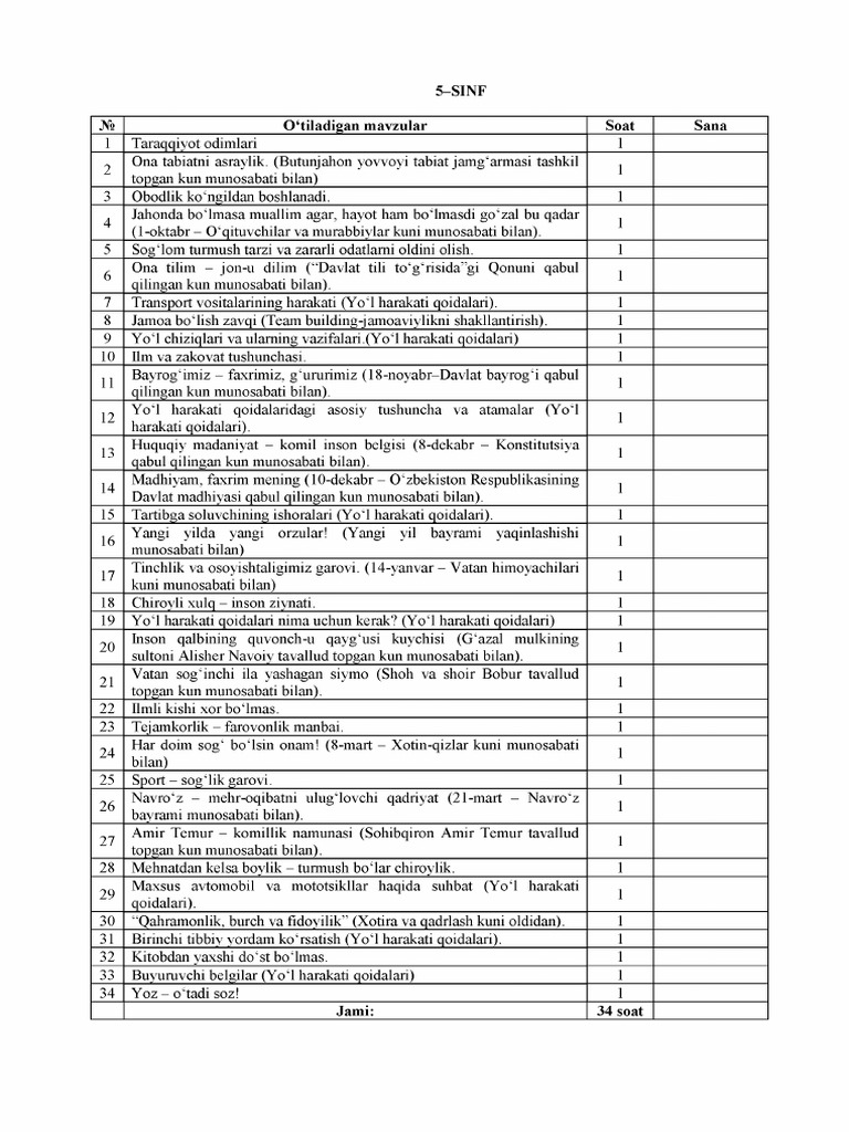 Bellashuv - Uz - Tarbiyaviy Soat - Sinf - 5 | PDF