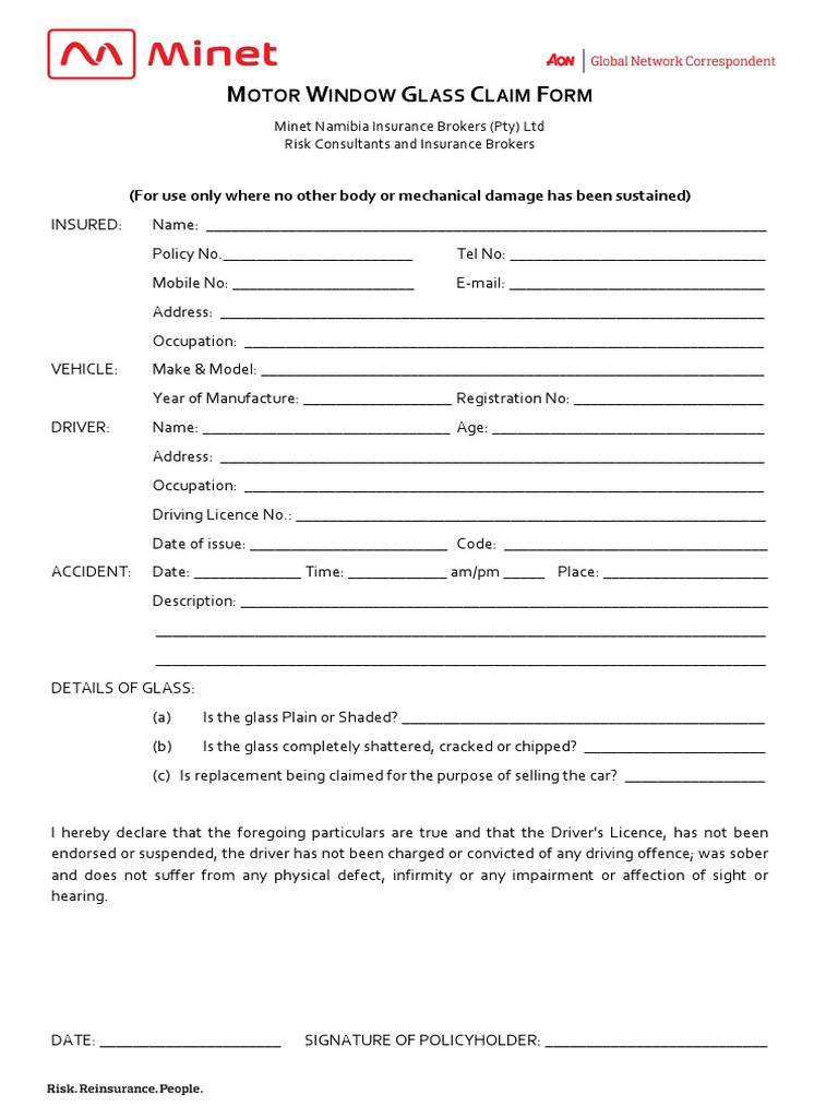 Motor Window Glass Claim Form | PDF
