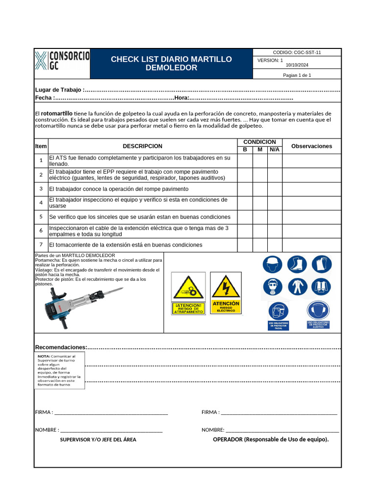 CGC-SST-11 CHECK LIST DIARIO MARTILLO DEMOLEDOR | PDF | Herramientas