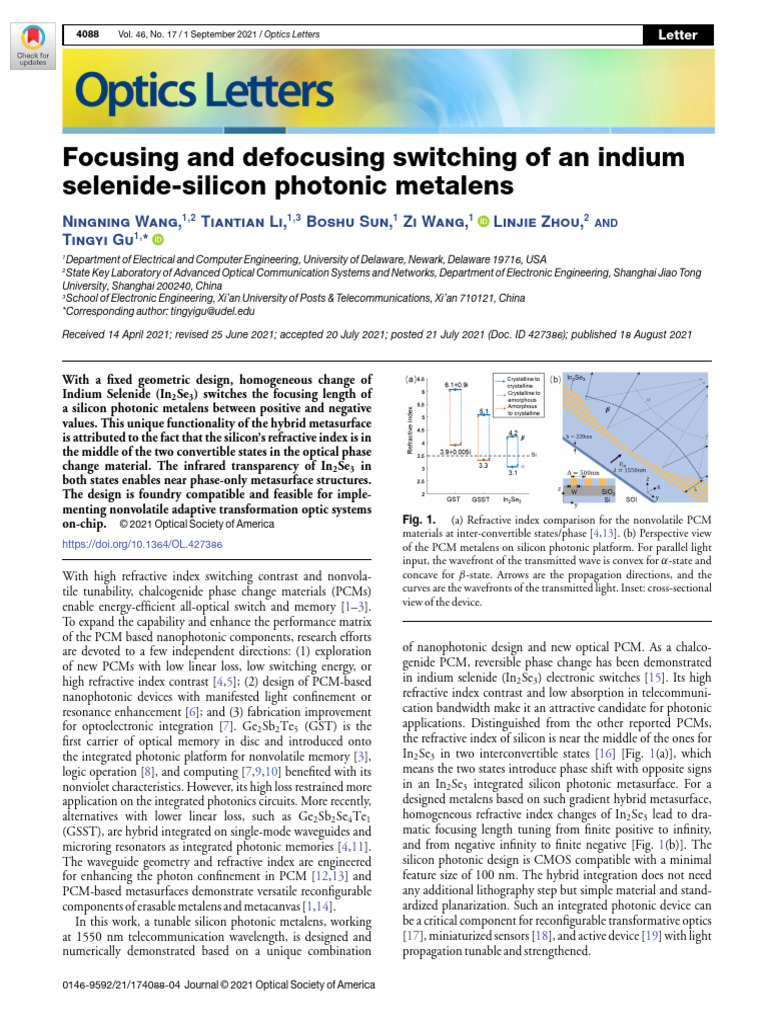 Focusing and Defocusing Switching of An Indium Sel | PDF | Optics | Refractive Index