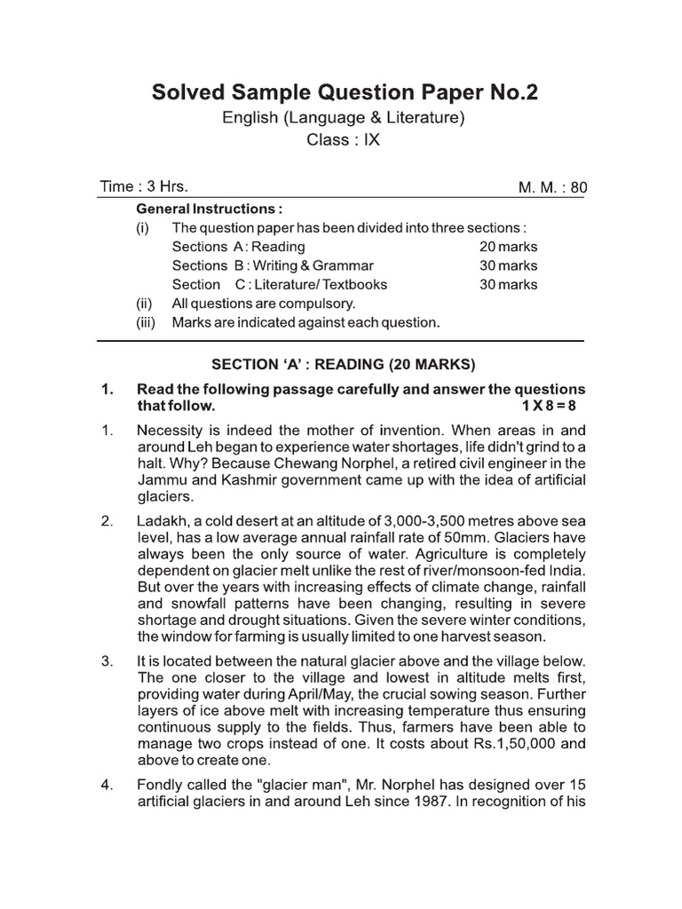9 English Sample Paper 2020 2021 Set 2 | PDF