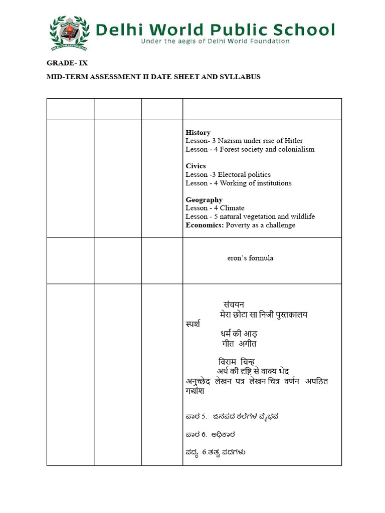 Grade 9 - Time Table & Syllabus | PDF