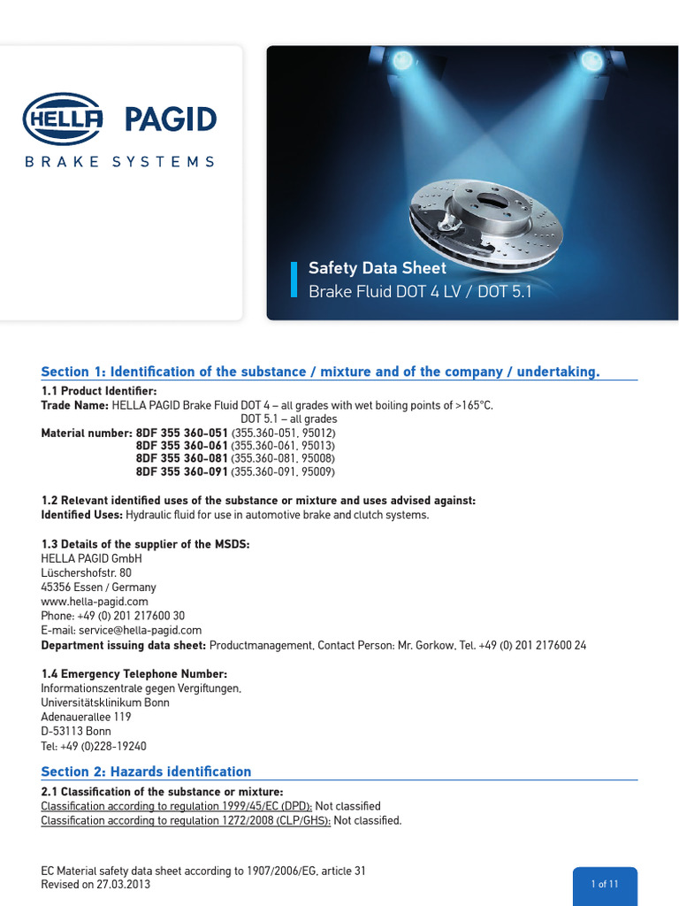 Brake Fluid Safety Data Sheet DOT 4/5.1 | PDF | Personal Protective ...