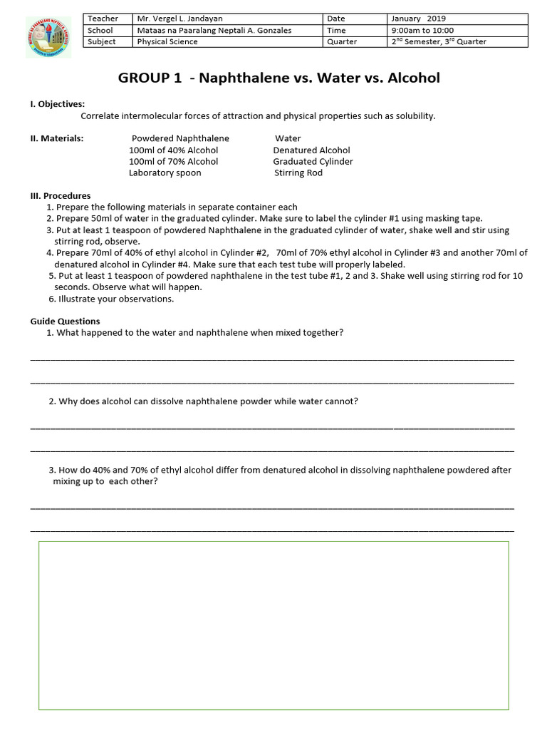 ACTIVITY SHEET Properties of Molecules Based On Intermolecular Force of ...