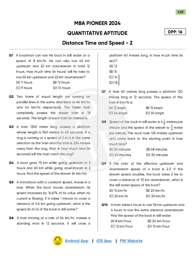 Mba Pioneer 2024 Quantitative Aptitude Distance Time and Speed - 2 ...