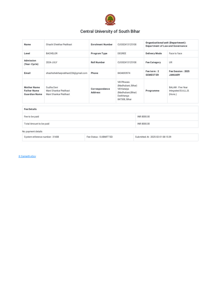 Fee Receipt Semester 2 | PDF | Academic Degree | Qualifications