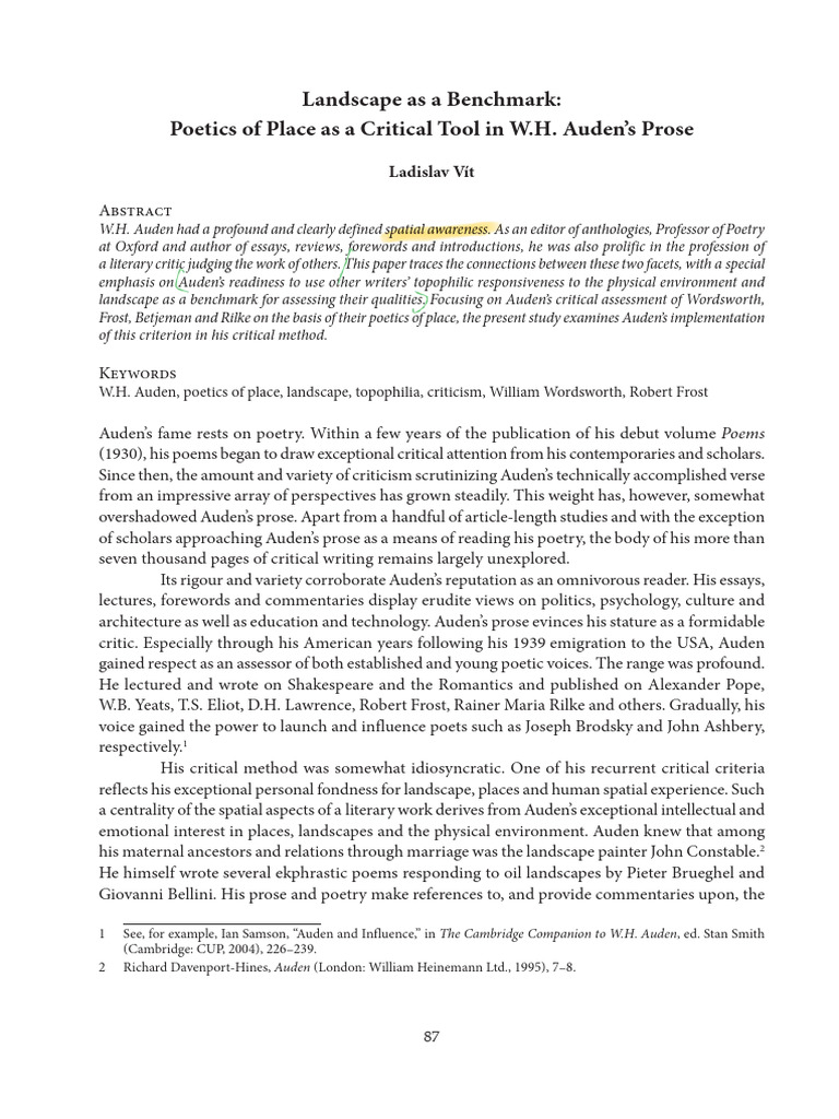 Poetics of Place As A Critical Tool in W.H. Auden's Prose | PDF | Poetry | Landscape