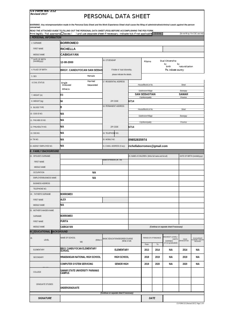 External - Volume - File PDS - CS Form No. 212 Revised PDS - 2017 BLANK ...