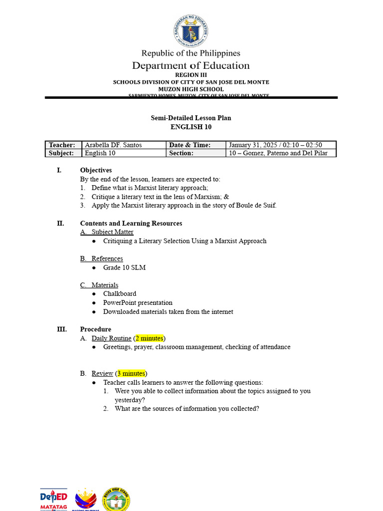 Semi Detailted Lesson Plan - Critiquing A Literary Selection Using A ...