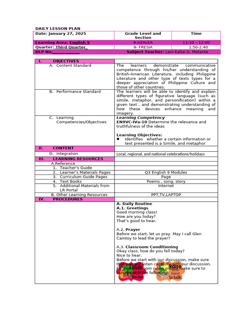 DAILY LESSON PLAN - Docx (Jan.27,2025) Docs. | PDF | Metaphor | Learning
