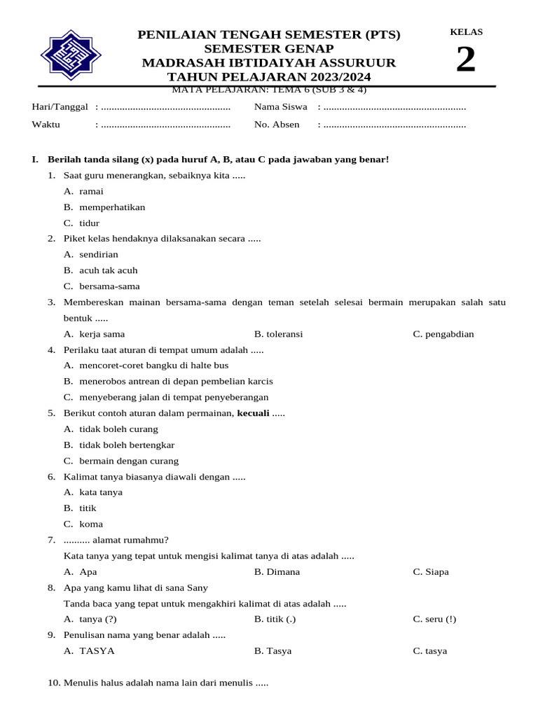 Pts Kelas 2 (Tema 6 - Sub 3&4) | PDF