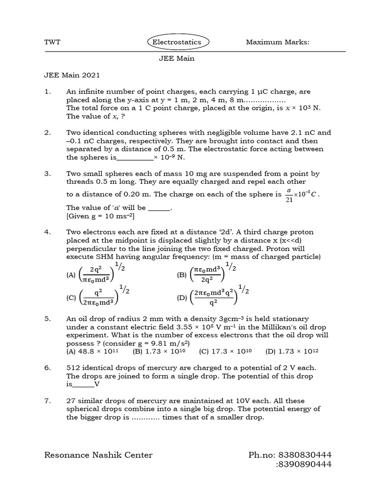 Electrostatics Practice Problems | PDF | Electric Field | Metrology
