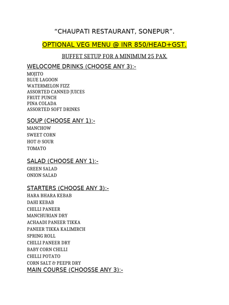 Veg Optional Menu. | PDF