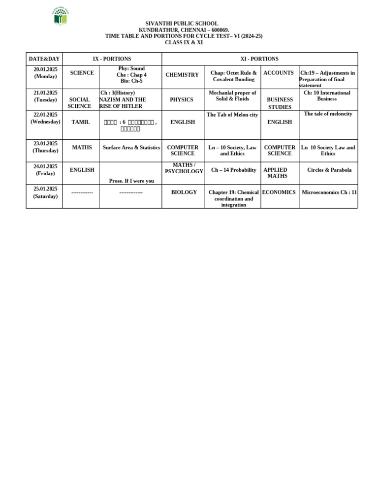 Ix & Xi Cycle Test - Time Table and Portions - Vi | PDF | Applied And ...