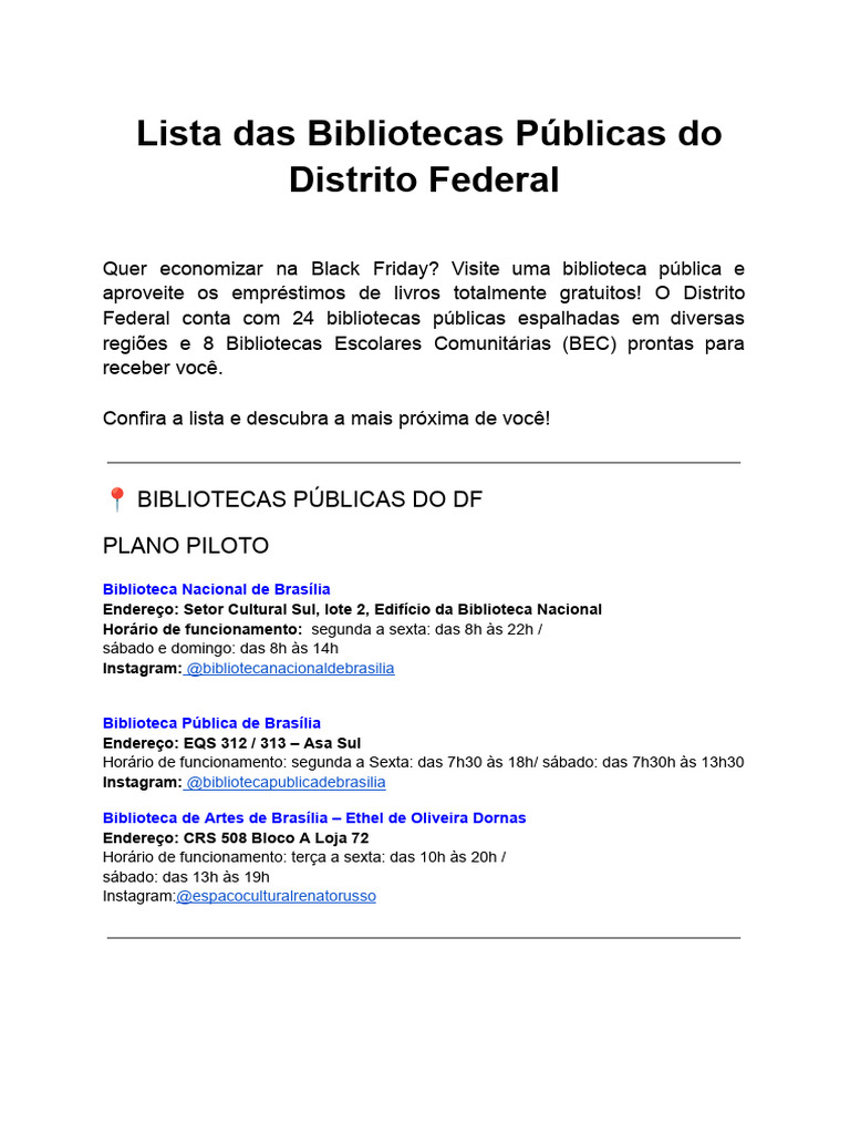 Bibliotecas Públicas do DF: Lista Completa | PDF | Brasil