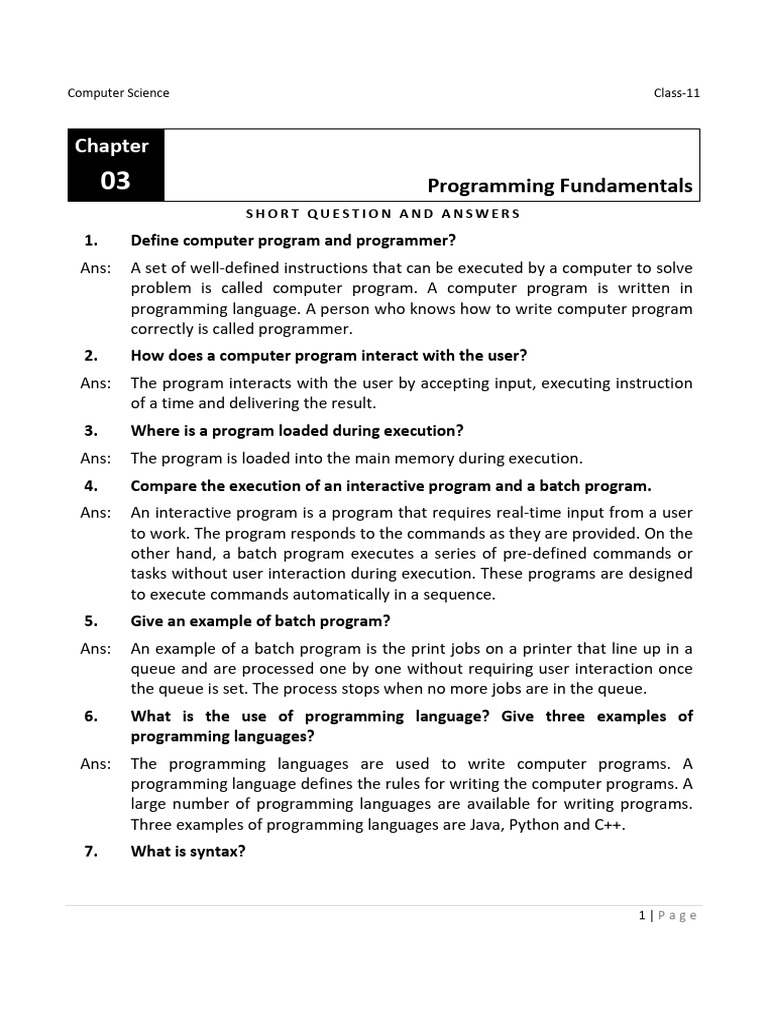 Ch-03: Programming Fundamentals - Short Question Answers - PDF | PDF ...