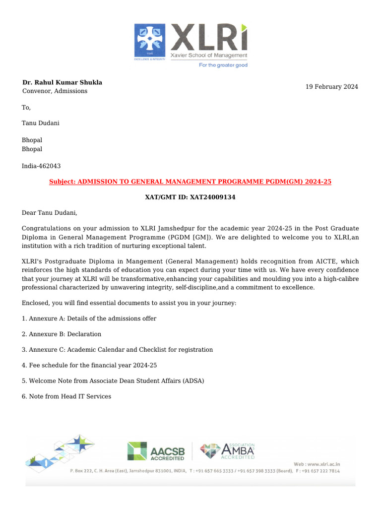 Shortlist Letter GMP XAT24009134-1 240219 184158 | PDF | Academia ...