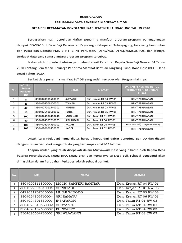Perubahan Data Penerima BLT DD 2020 | PDF