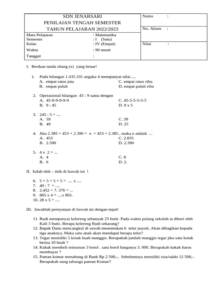 Uts MTK KL 3 SM 1 | PDF