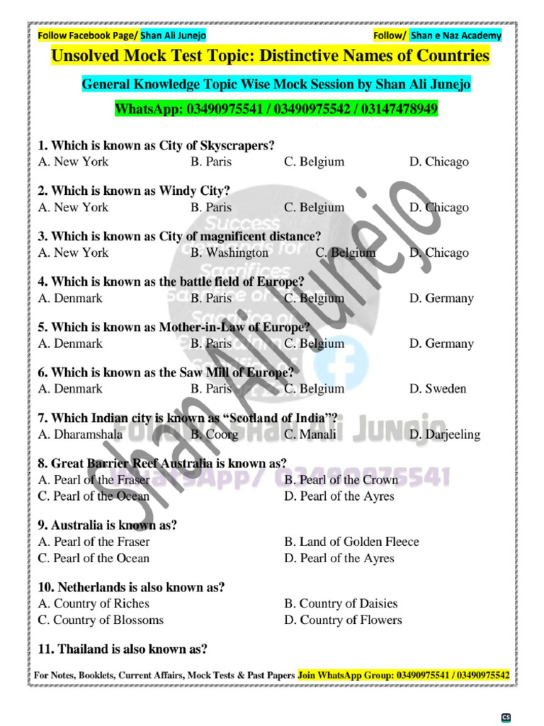 GK Session Unsolved Mock 3 Topic Distinctive Names of Countries and Cities by Shan Ali Junejo | PDF