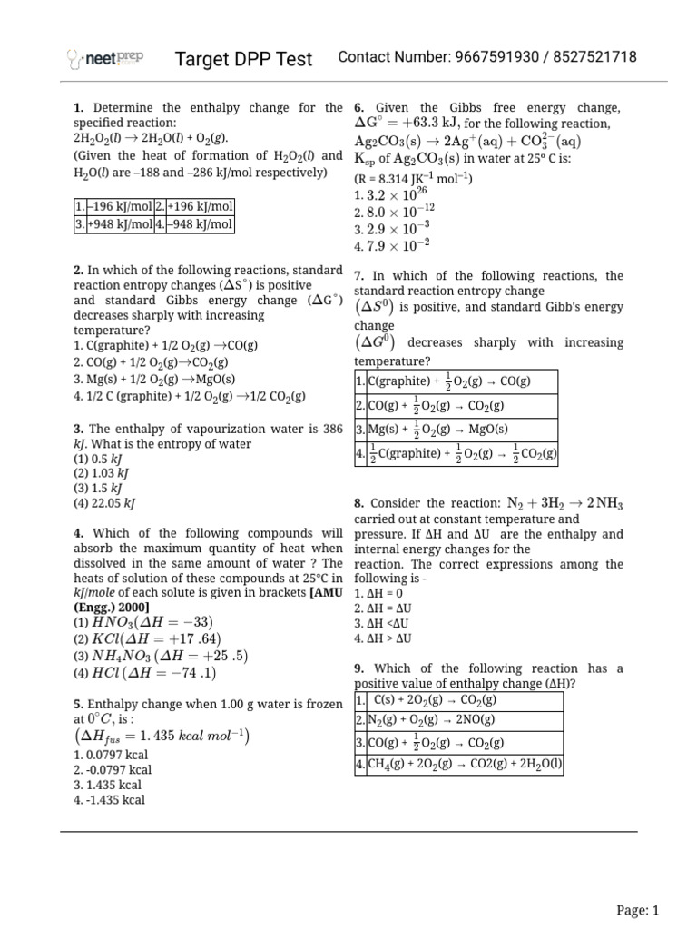 Thermodynamics Chem 1 DPP | PDF | Enthalpy | Physical Quantities